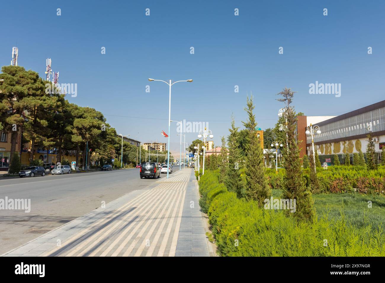 Penjikent, Tajikistan, 20 August 2023: Main road of Panjakent with the ...
