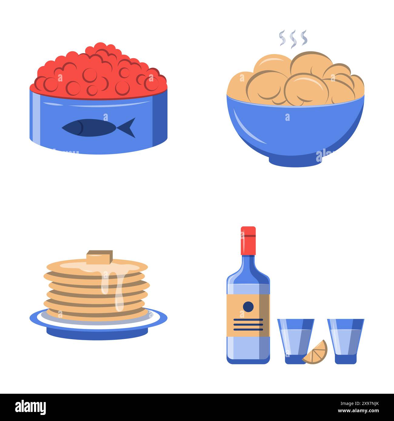 Russian national food flat icon set. Pancakes, red caviar, pelmeni and vodka. Vector ...