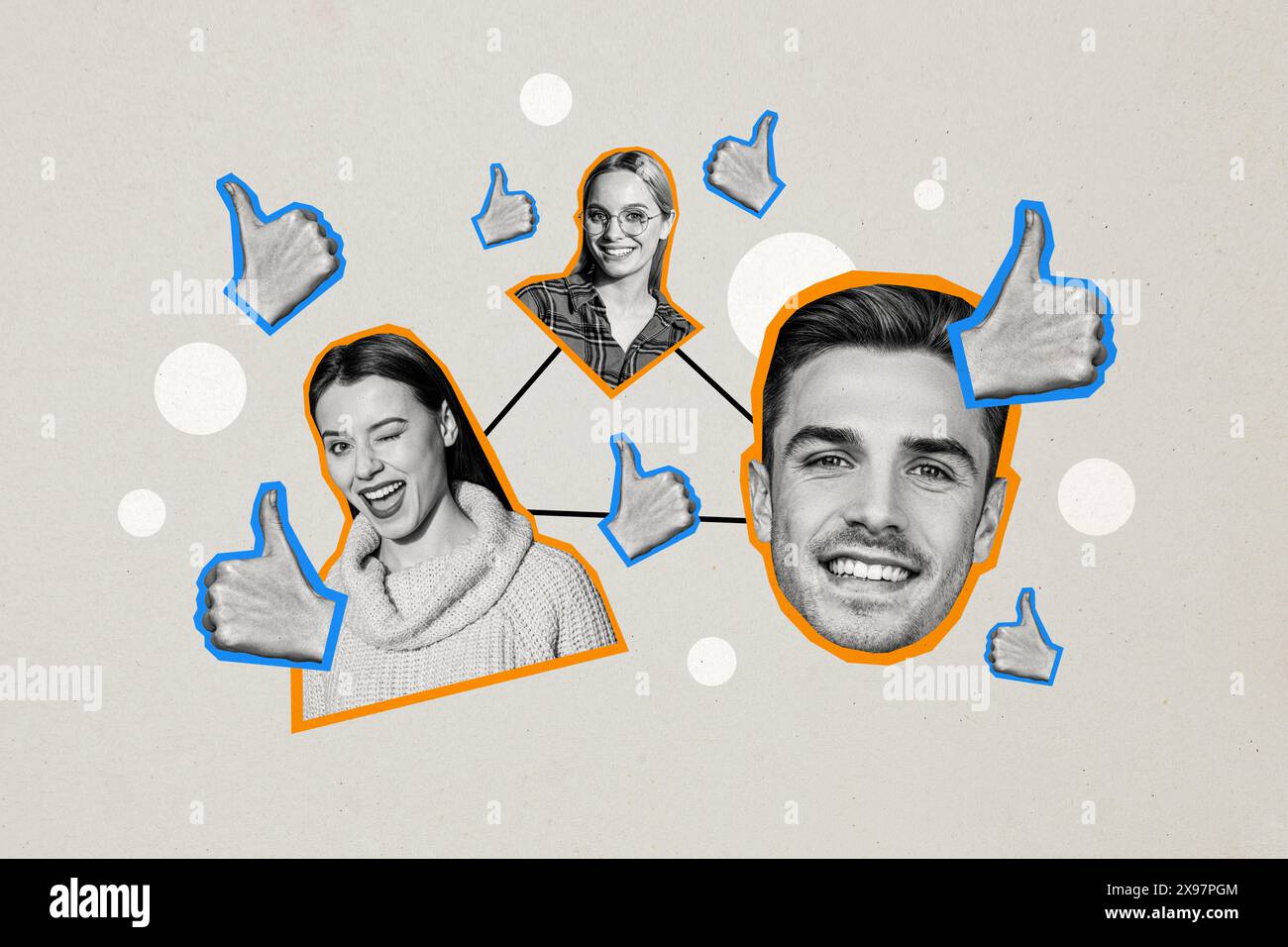 Composite photo collage of happy teamwork girl guy thumb up reaction ...