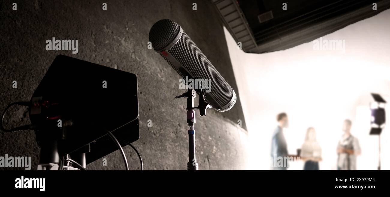 Boom Microphone In Set. Boom Microphone on stand in Video Production ...