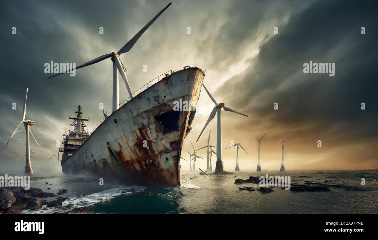 Illustration of an apocalyptic landscape showing broken windturbines ...
