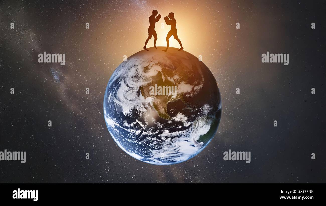 Planet earth and two people fighting eachother Stock Photo - Alamy