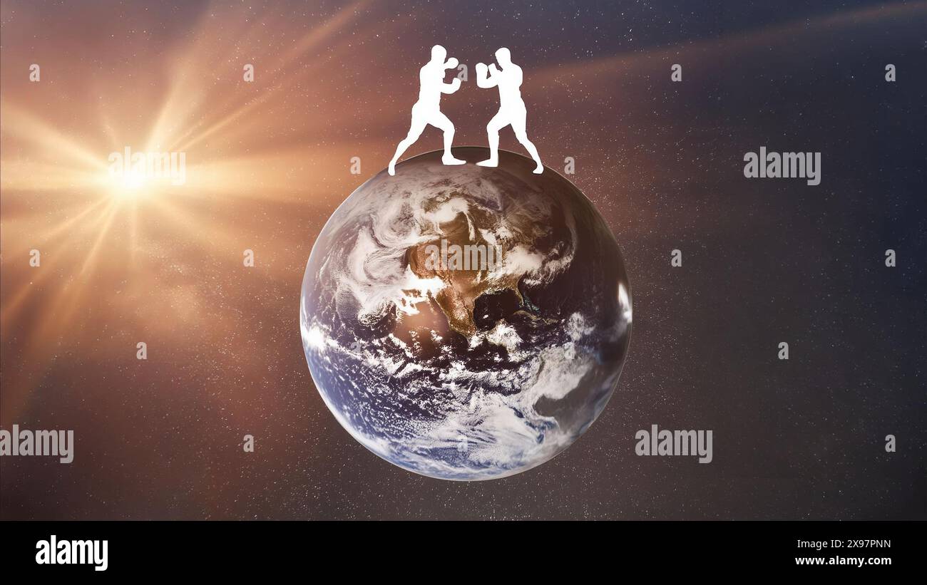 Planet earth and two people fighting eachother Stock Photo - Alamy
