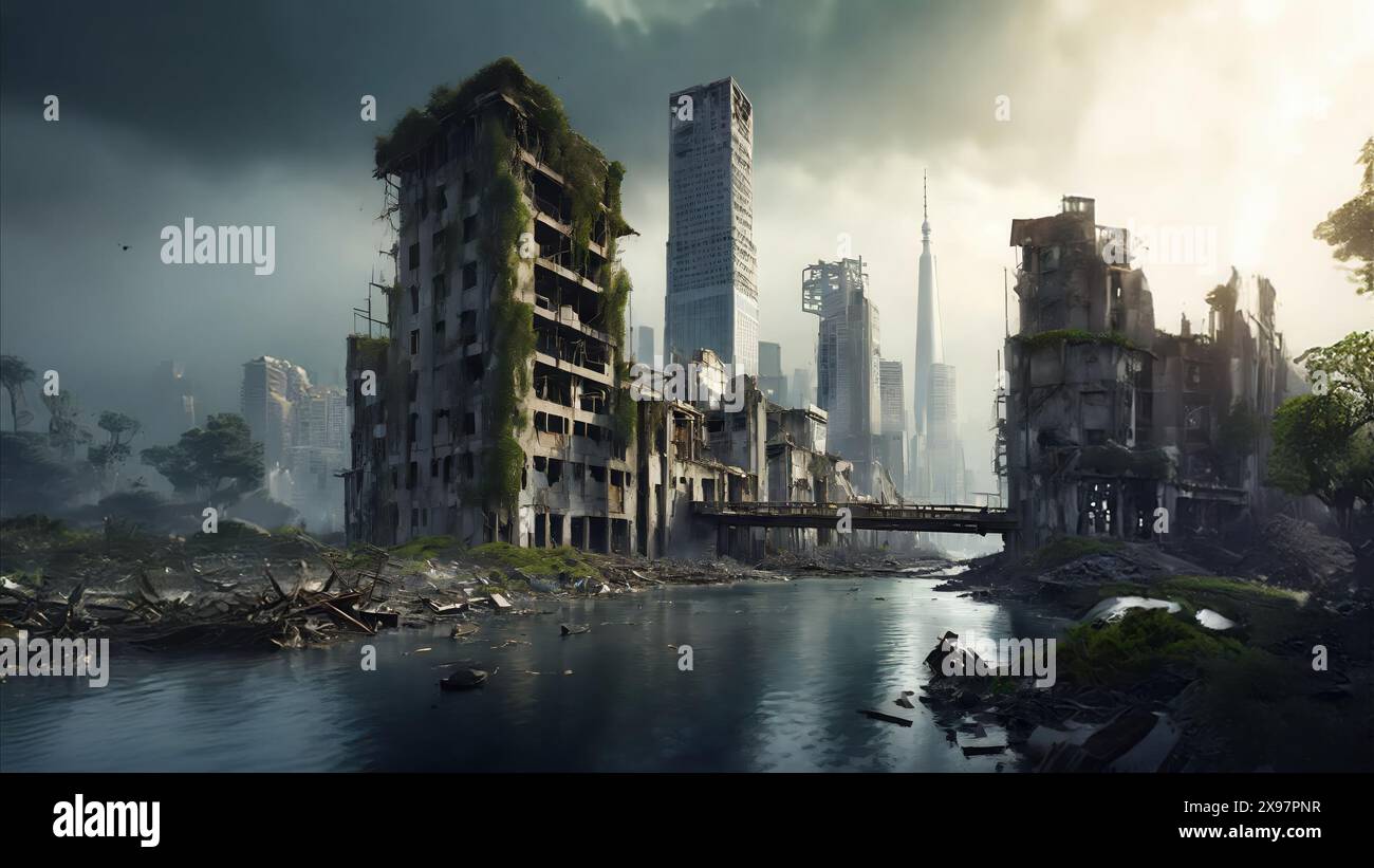 Illustration of an apocalyptic urban landscape showing a partially ...