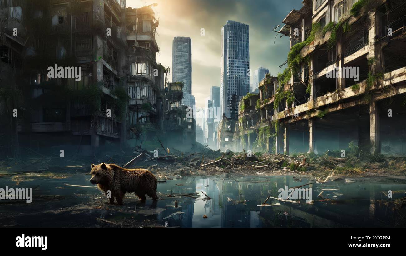 Illustration of an apocalyptic urban landscape showing a partially ...