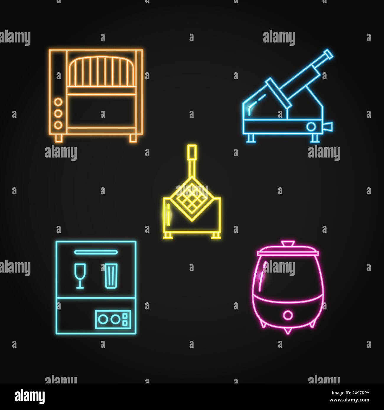 Professional kitchen equipment icon set in neon style. Commercial ...