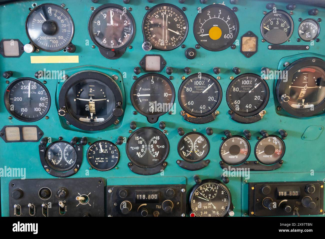 Old MI-2 military helicopter green dashboard with old analog displays ...