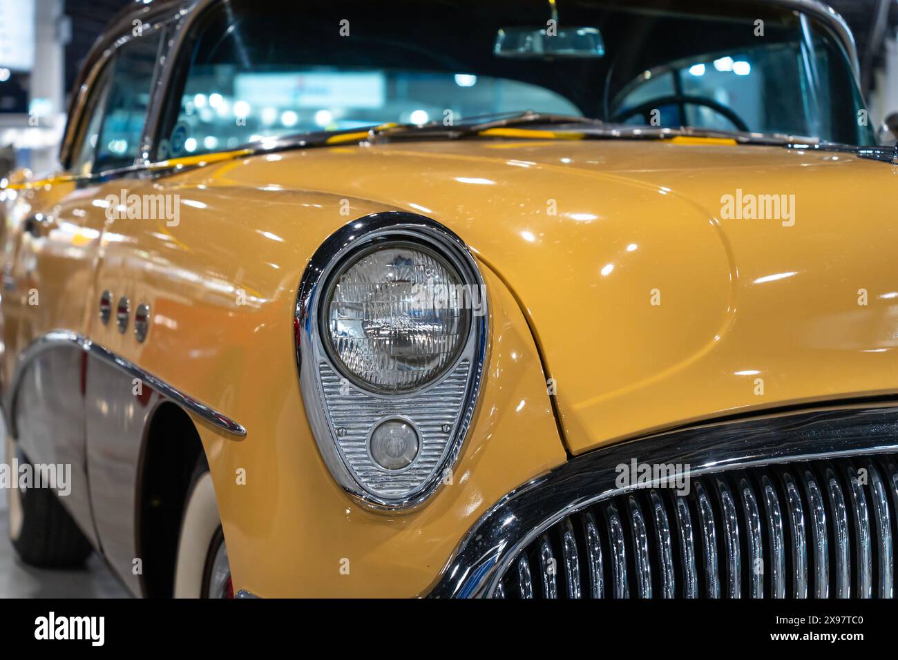 Oldtimer old yellow car photographed from the front Stock Photo - Alamy