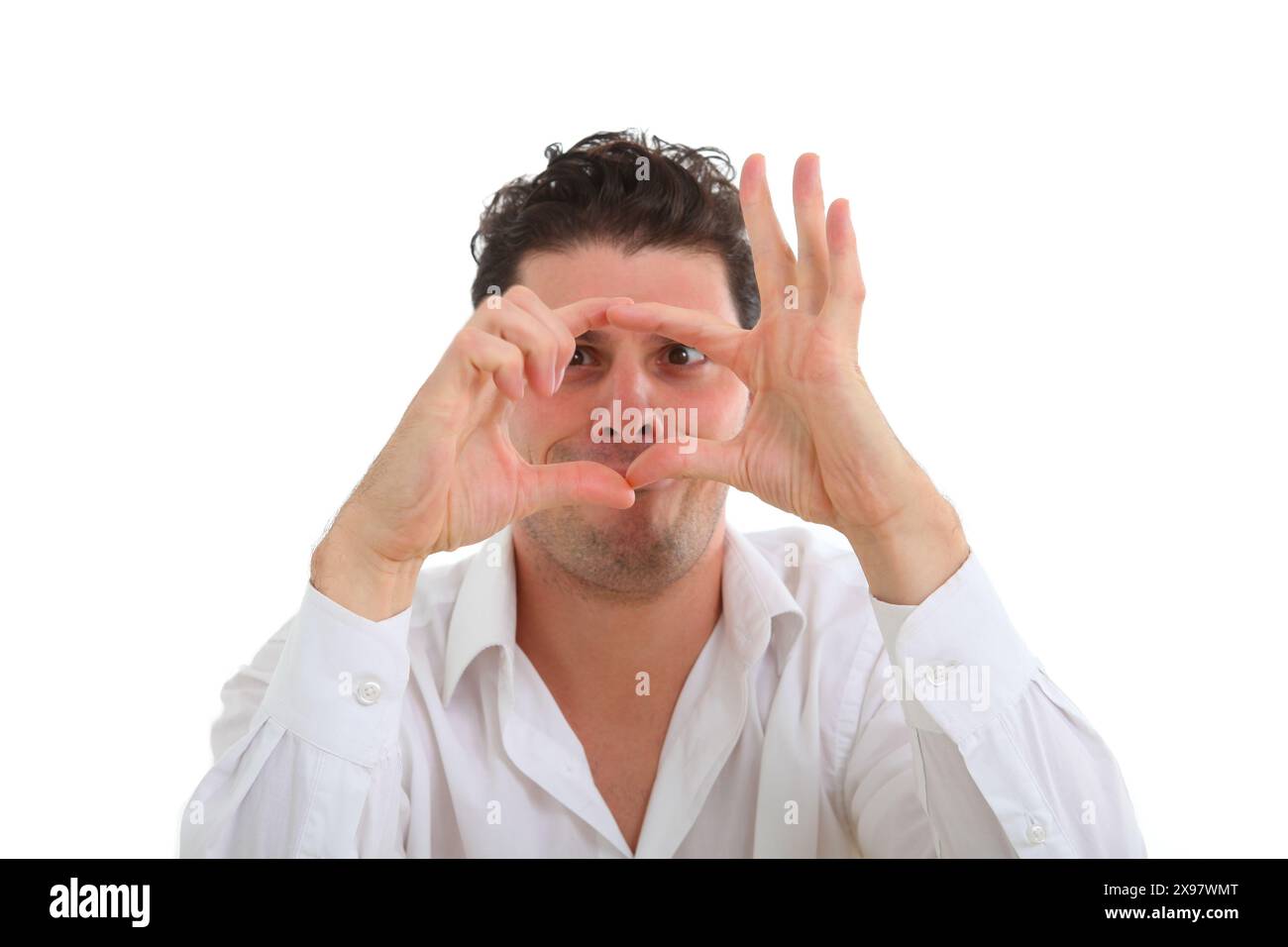 millennial man pretending taking photo on imaginary camera, looking ...