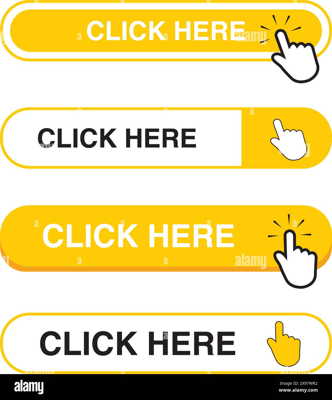 White and yellow click here button with a hand clicking on a white background Stock Vector Image ...