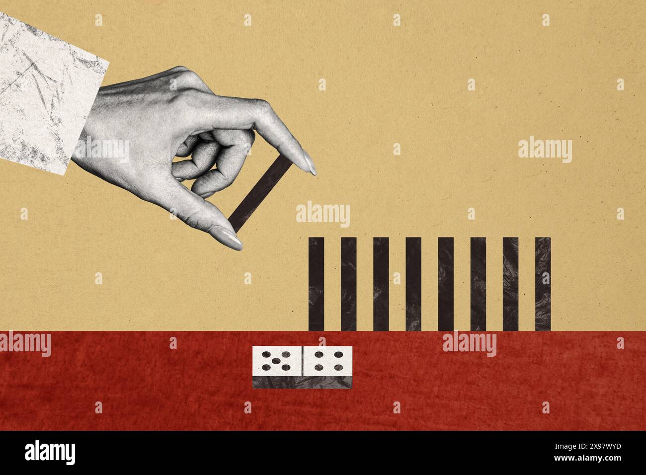 Composite photo collage of human hand play build domino brick board ...