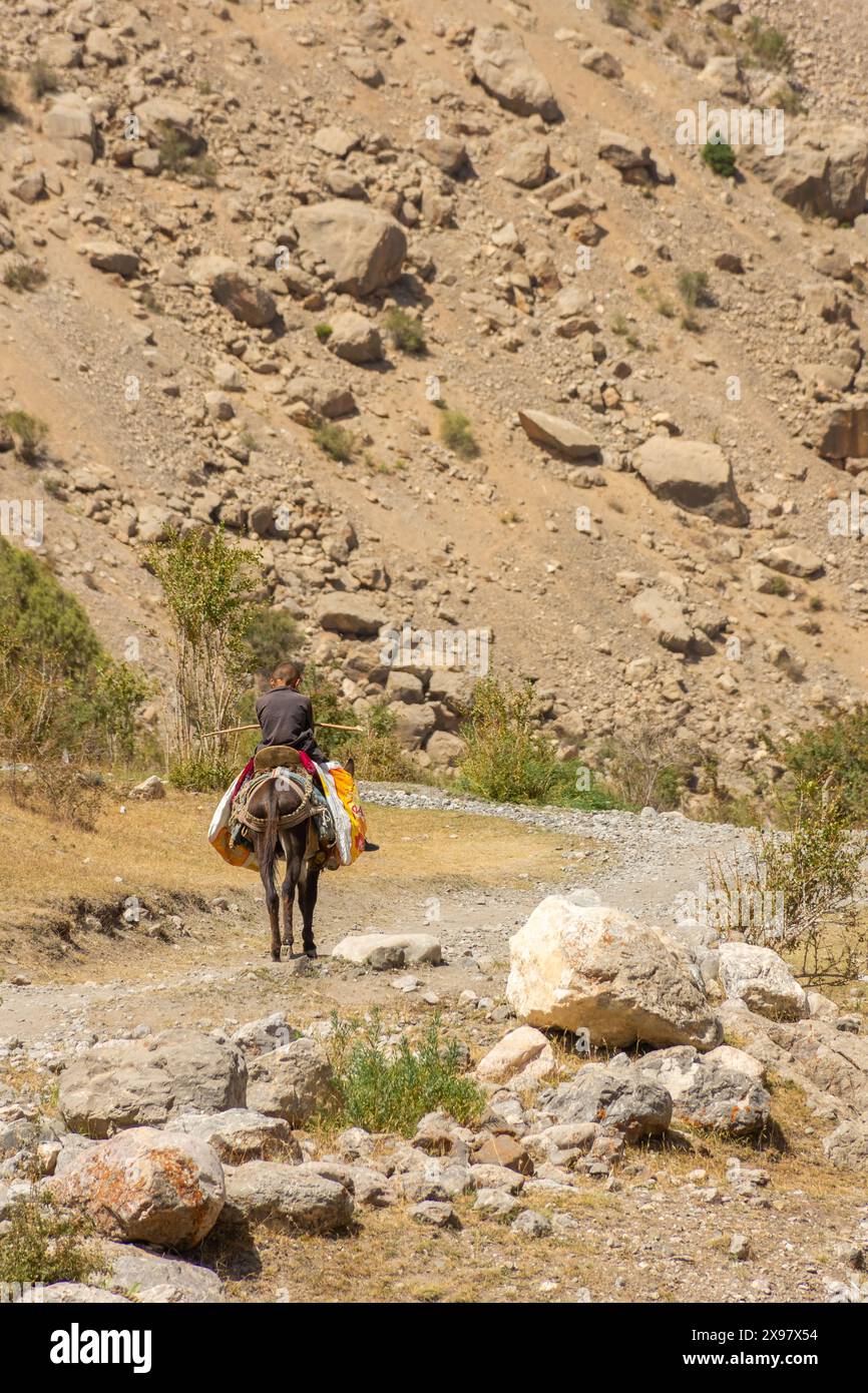 Haft Kul, Tajikistan, 21 August 2023:Little kid riding a donkey in the ...
