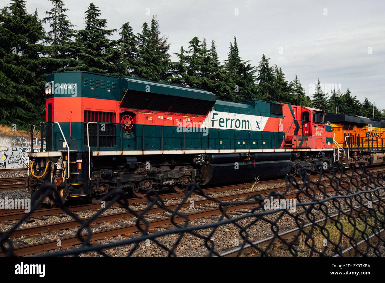 Ferromex and BNSF lead train cars on railroad in Georgetown ...