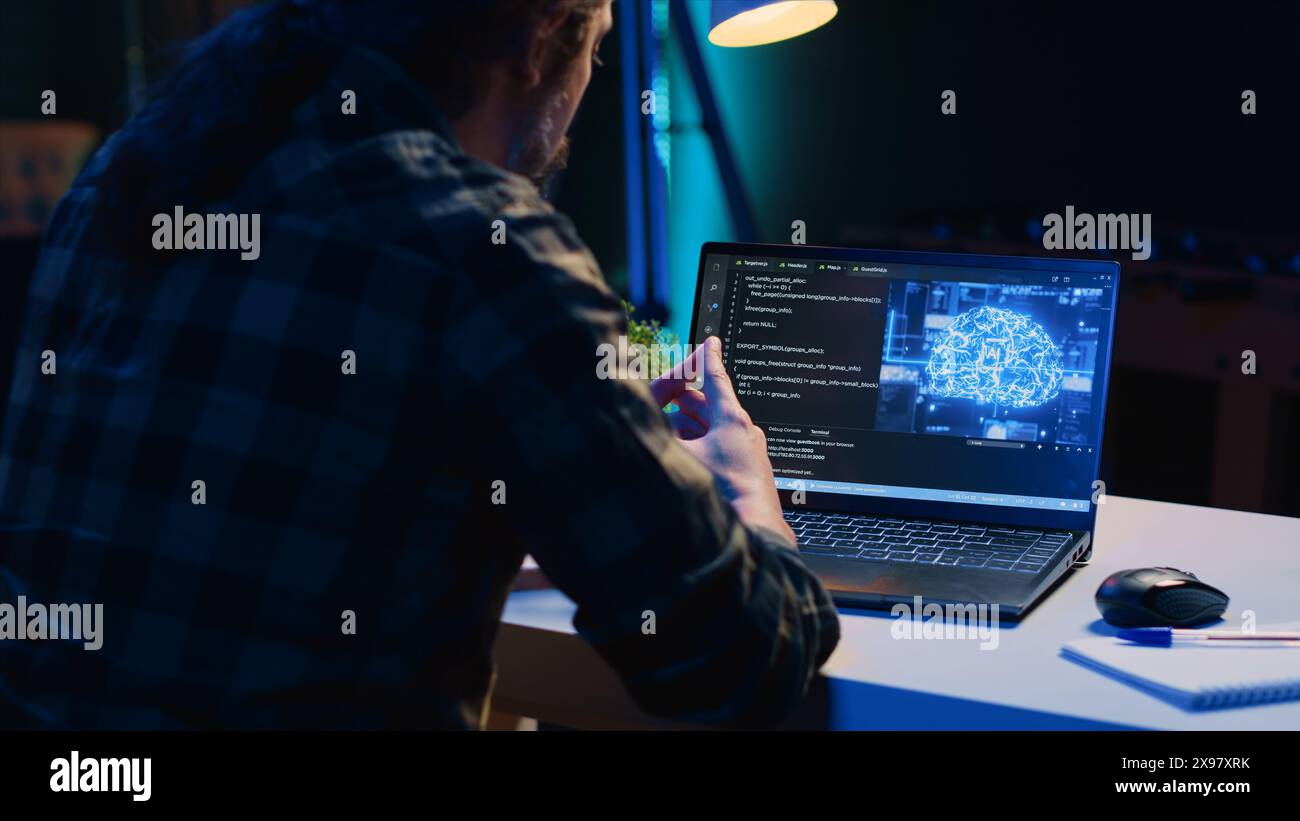 Computer Scientist Updating Artificial Intelligence Machine Learning Algorithm Writing Binary