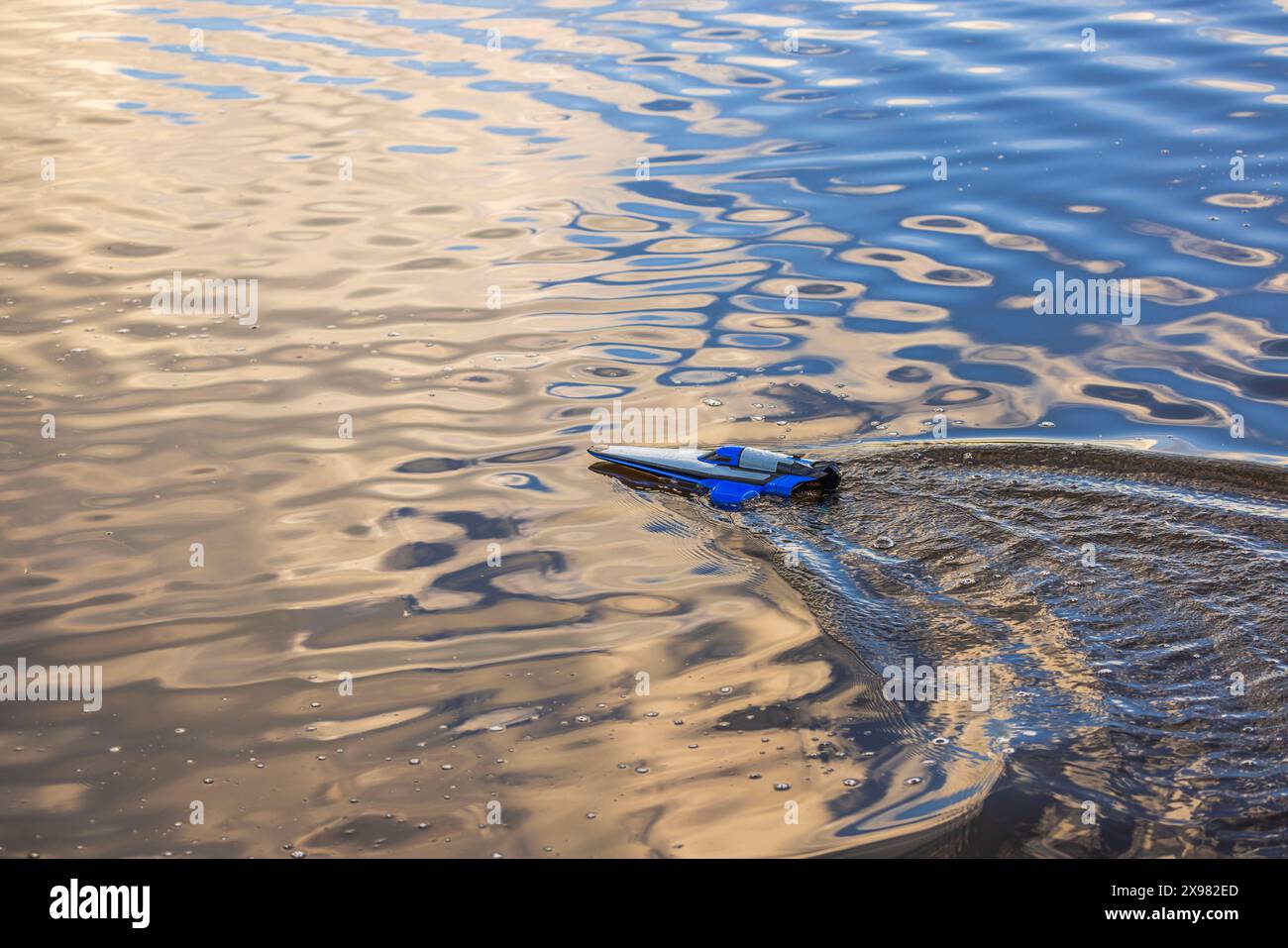 View of the lake featuring a miniature model of a remote-controlled ...