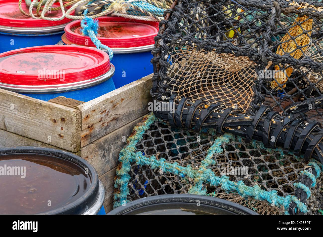 29 May 2024. Burghead,Moray,Scotland. This shows a Creel, Ropes and ...