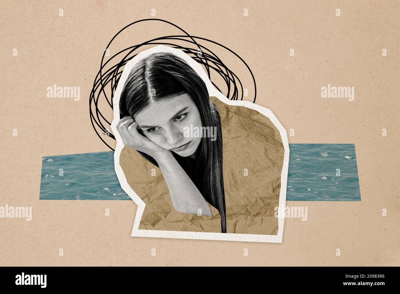 Composite photo collage of depressed sad woman sit alone psychotherapy ...