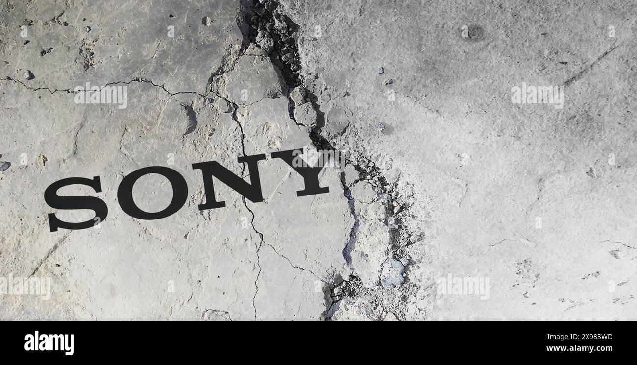 Sony icon on Cracked floor with copy space. 3d rendering corporate logo ...