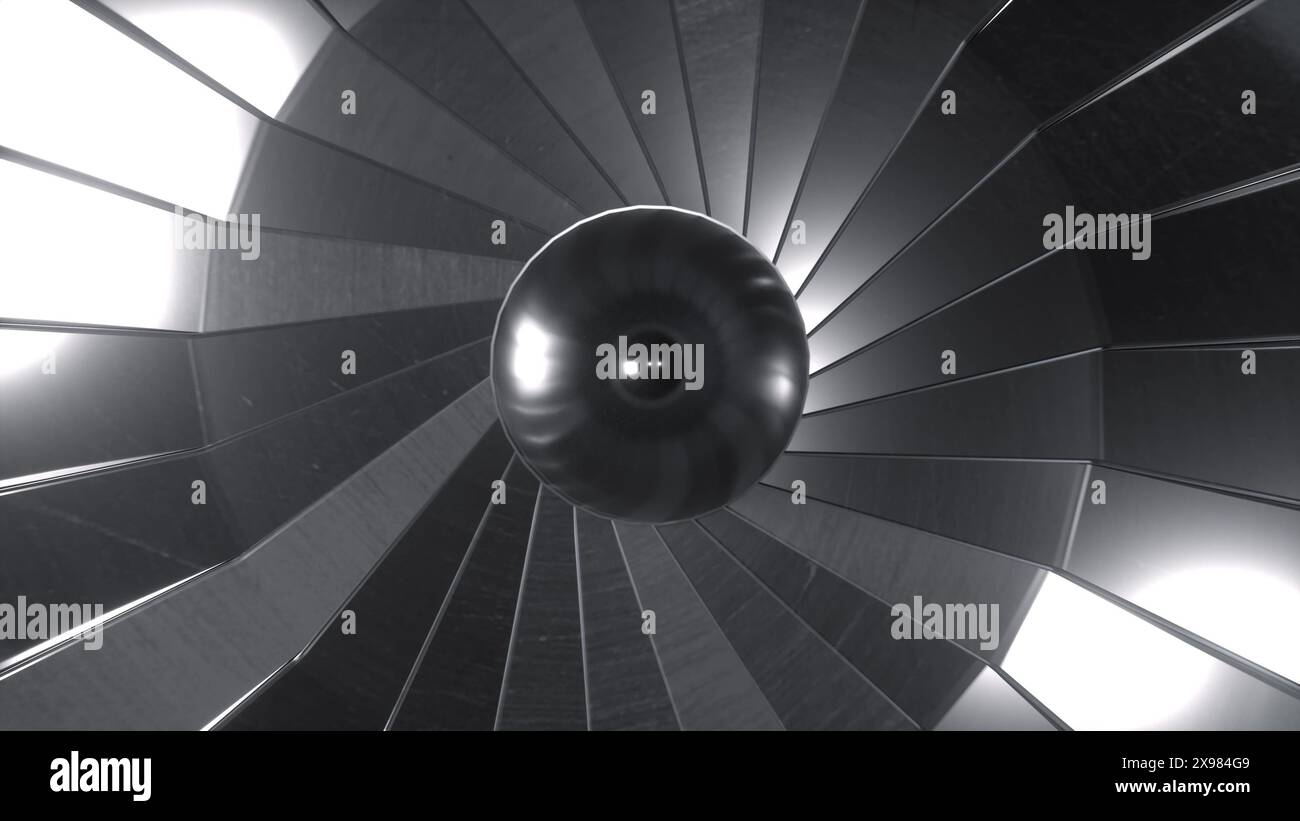 Closeup turbine engine front-end fan. Aircraft turbine. 3d illustration ...
