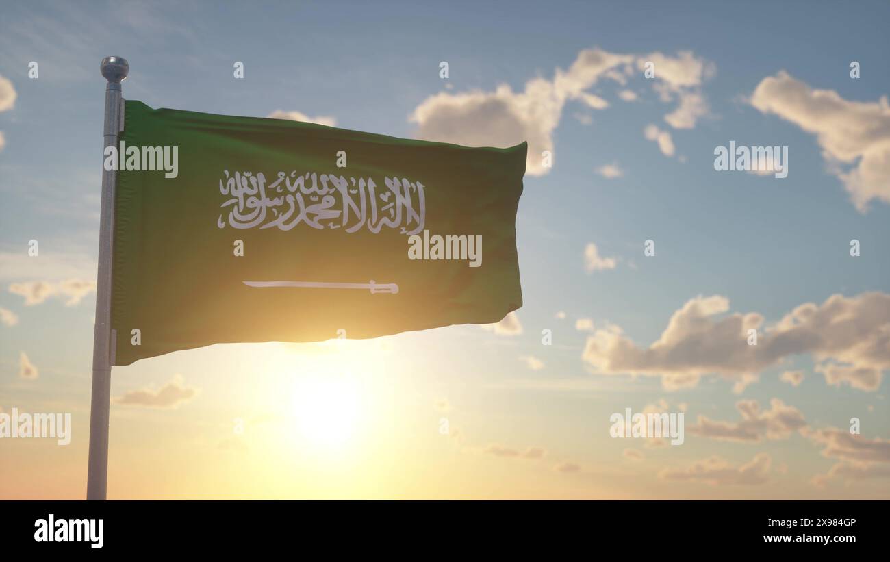 Flag of Saudi Arabia waving in the wind, sky and sun background. 3d ...