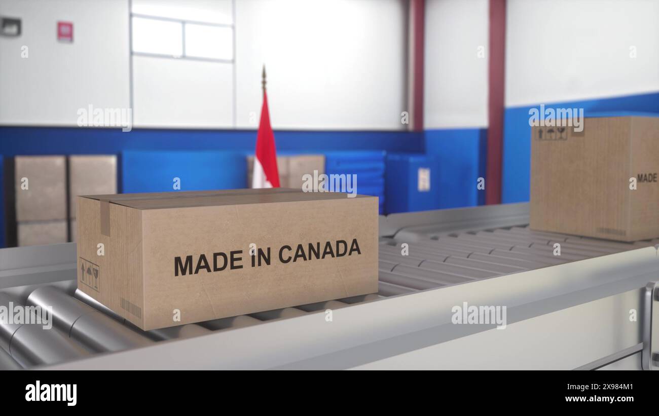 Made in CANADA import and export concept. Cardboard boxes with product ...