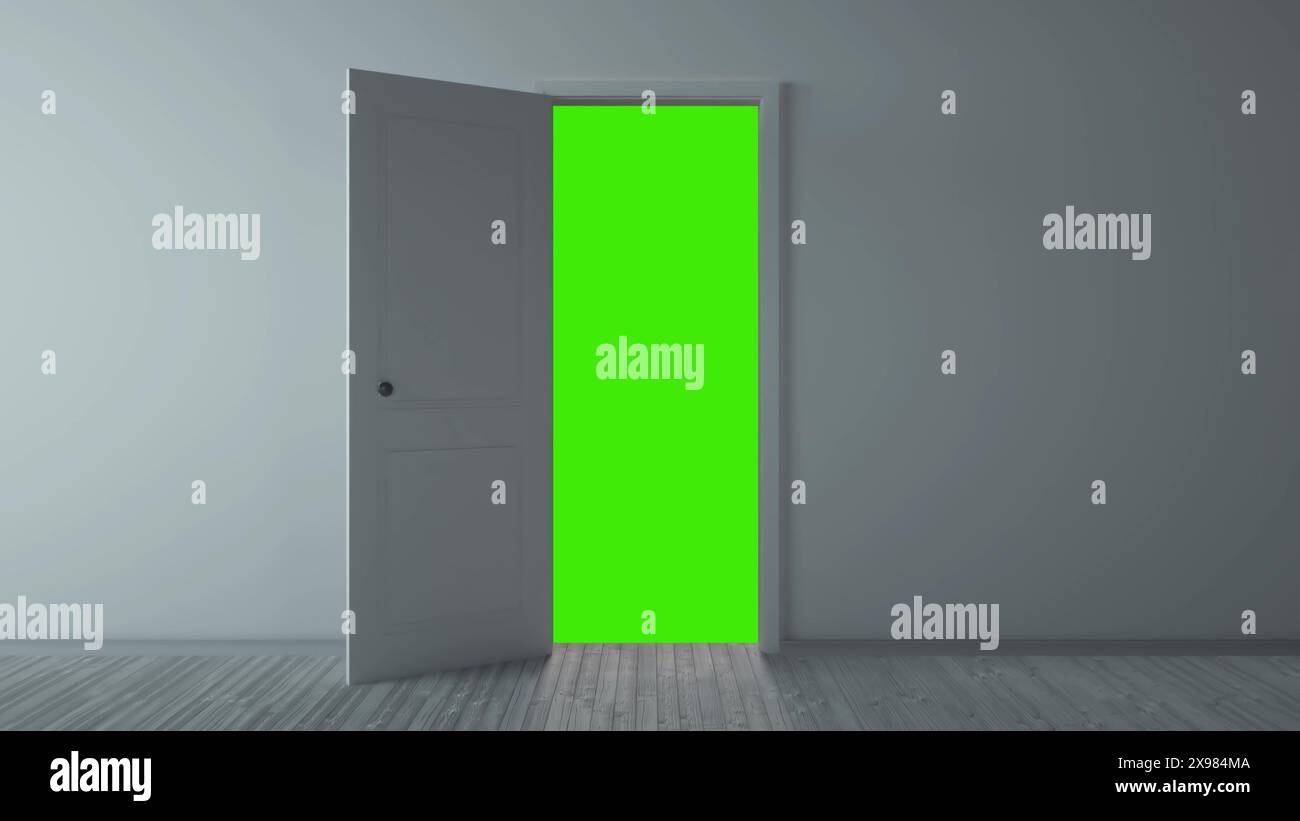 White classic design door opening to green screen. 3d illustration ...