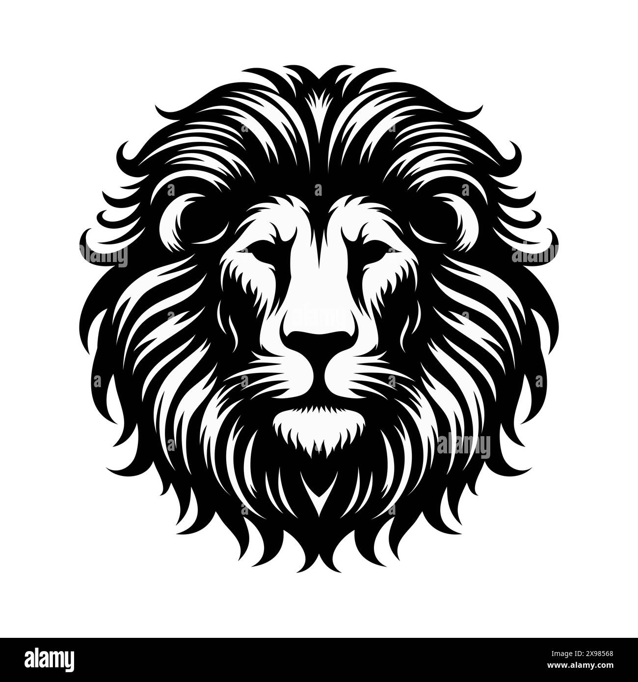 Black silhouette of lion head with lush mane on white background, front ...