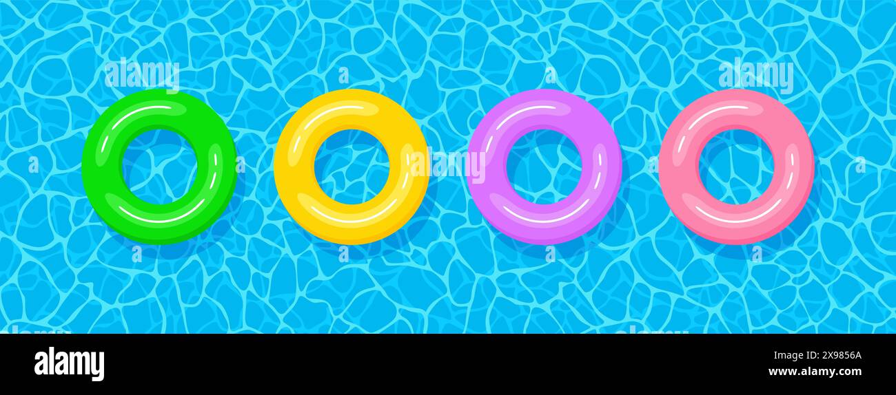 Summer swimming pool banner. Set of multicolored inflatable circles ...