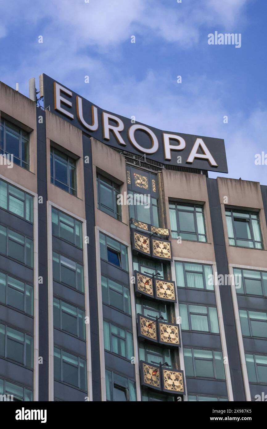 Upper floors Belfast hotel, Europa sign of the Europa Belfast, a ...