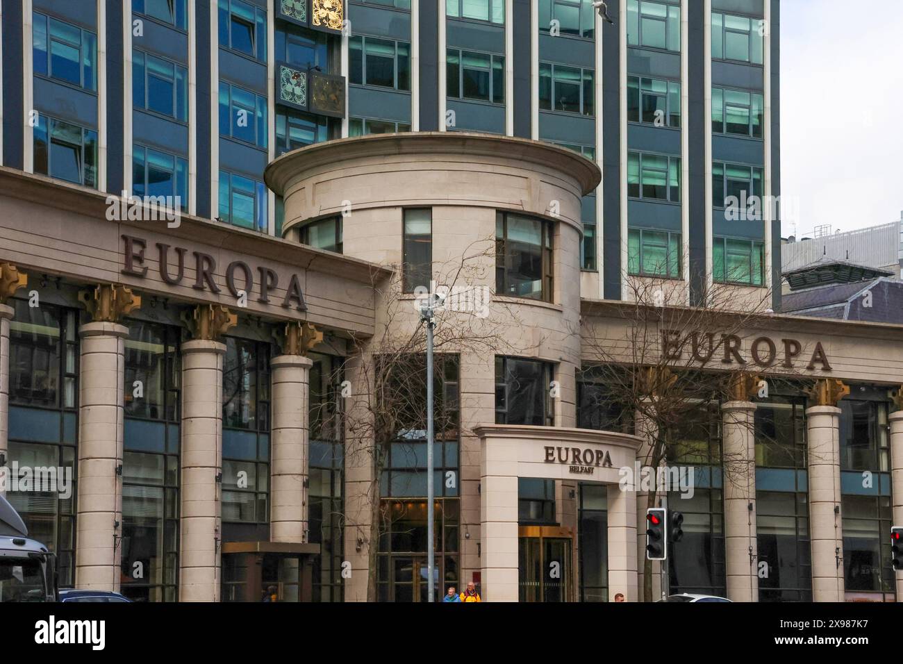 Front facade and main entrance to the Europa hotel Belfast. Famous ...