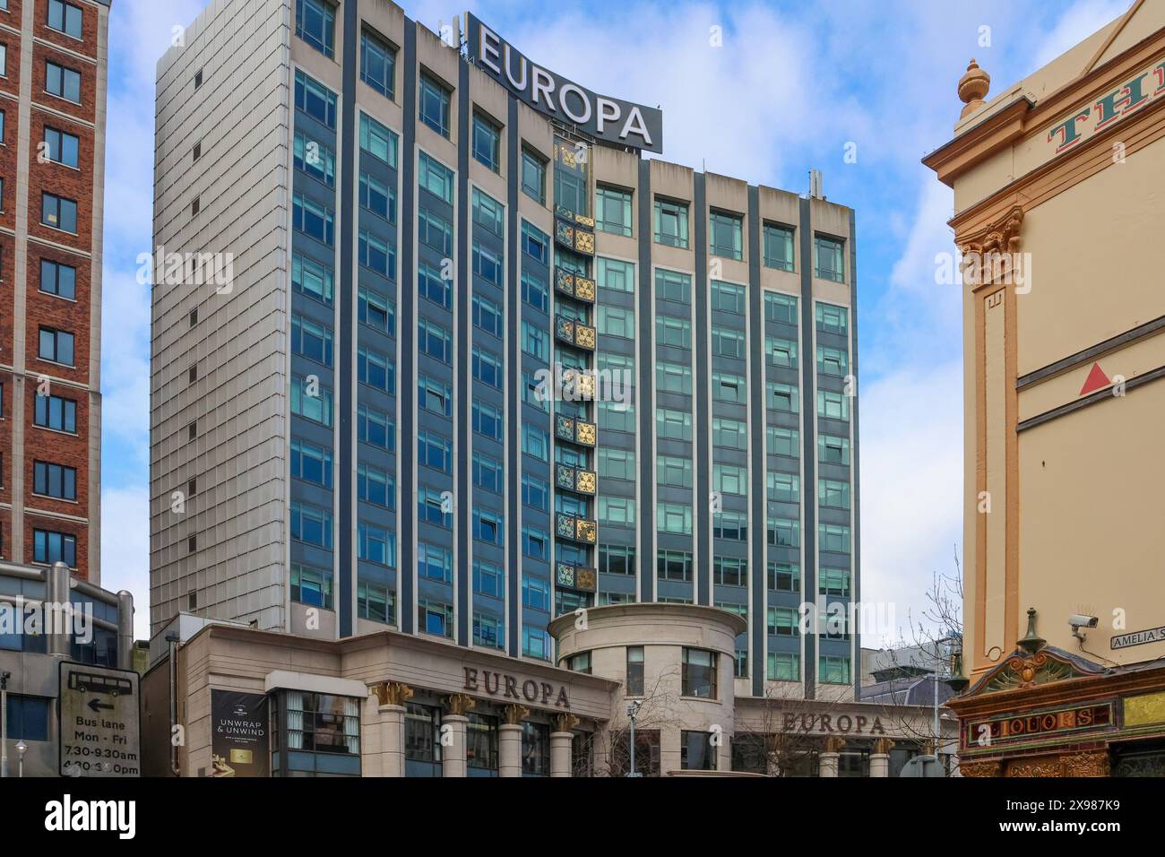 Famous Belfast hotel, front street-view of the front of the Europa ...
