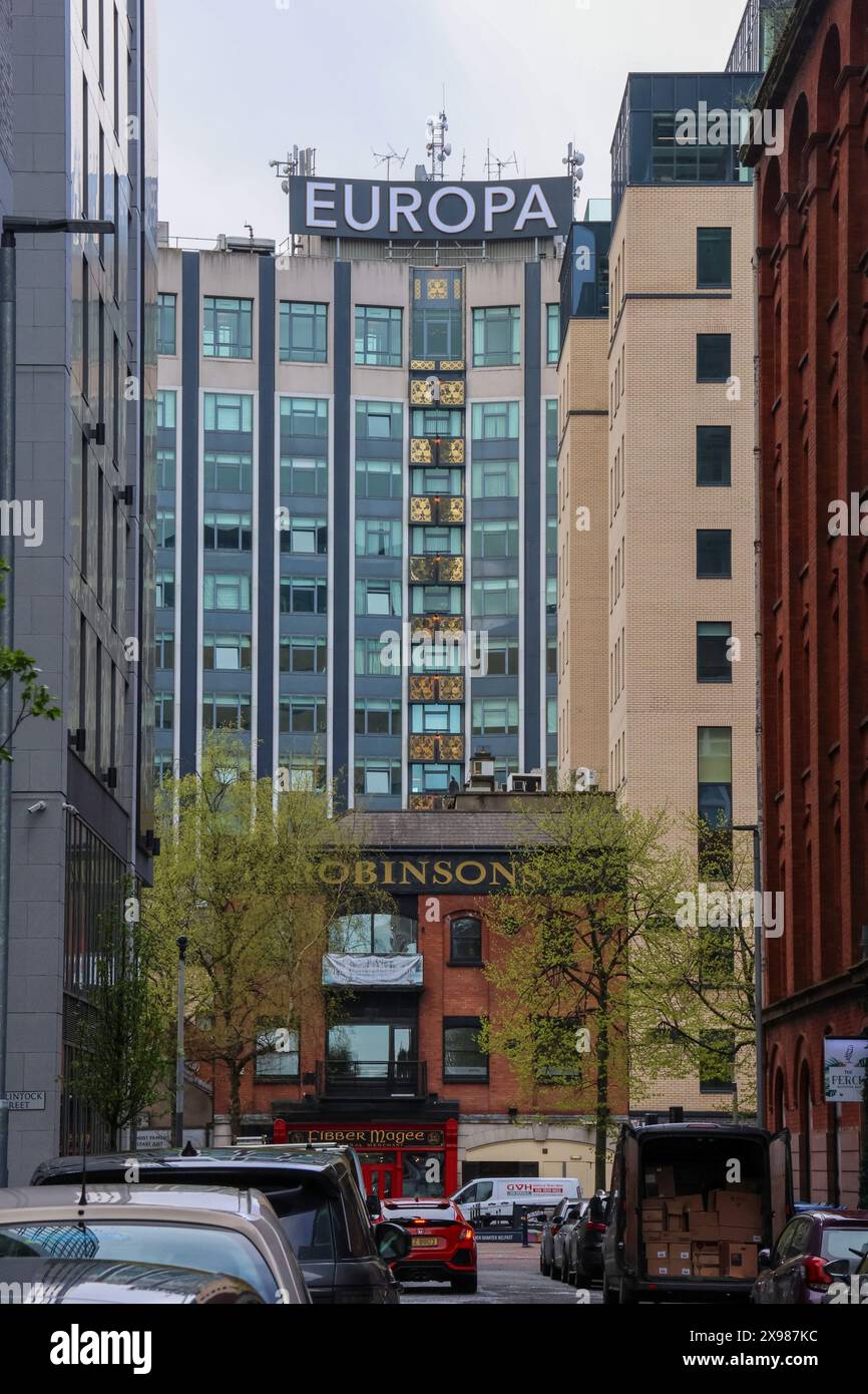 Downtown Belfast city centre, The Europa Hotel and Robinsons Bar viewed ...