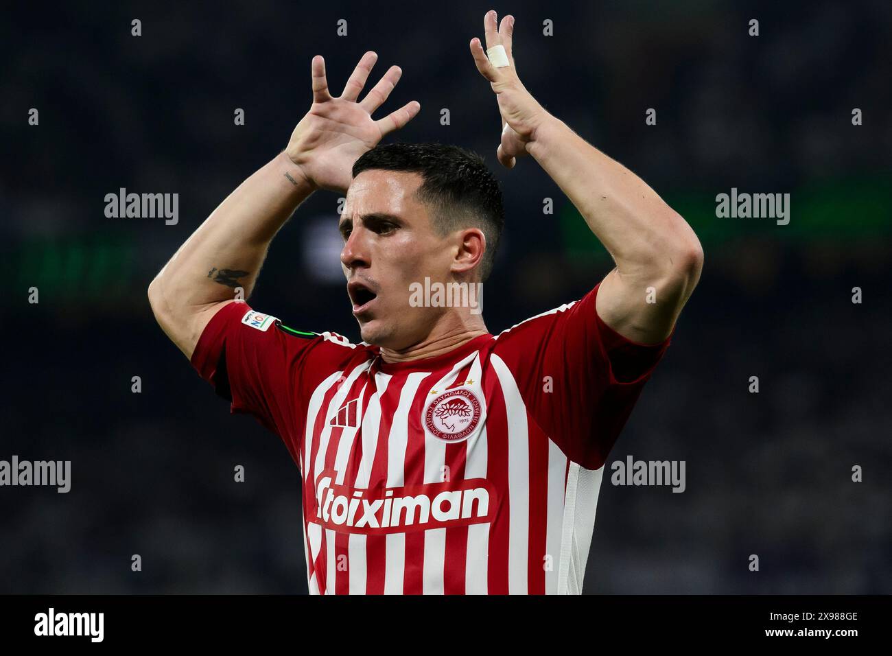 Athens, Greece. 29 May 2024. Daniel Podence of Olympiacos FC reacts ...
