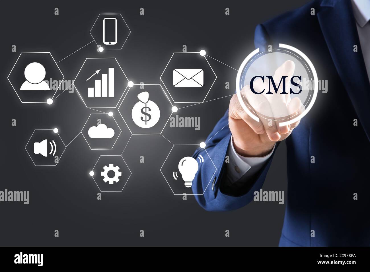 CMS. Man using virtual screen, closeup. Scheme with icons on dark ...
