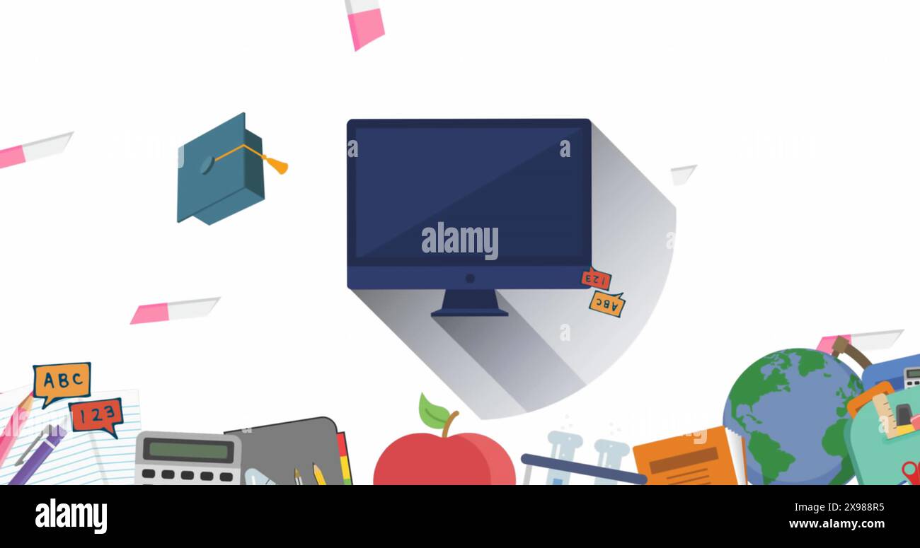 Image of school concept icons floating over computer icon against copy ...