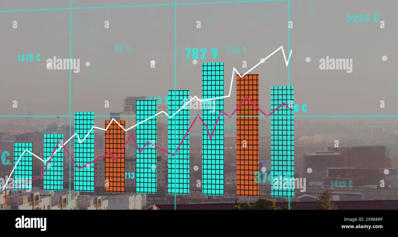 Image of statistical data processing over grid network against aerial view of cityscape Stock ...