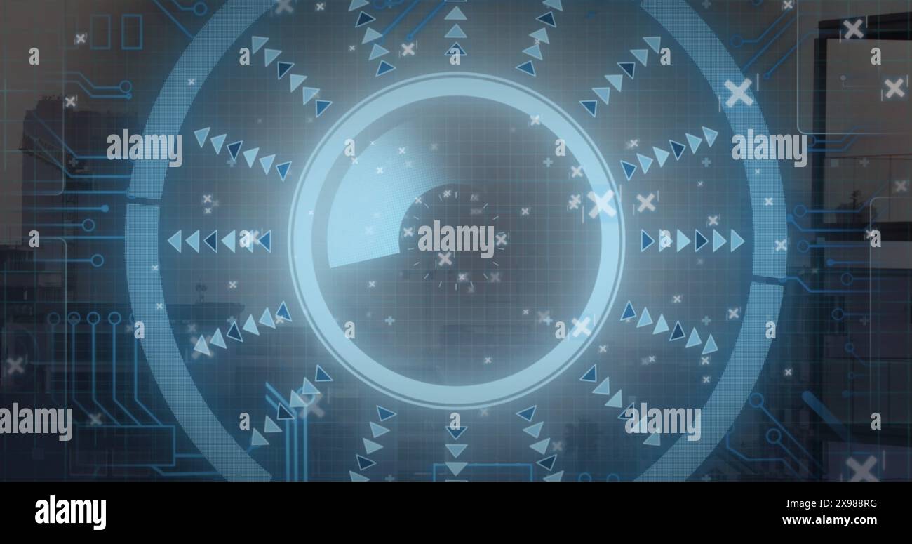 Image of round scanner and microprocessor connections against aerial ...