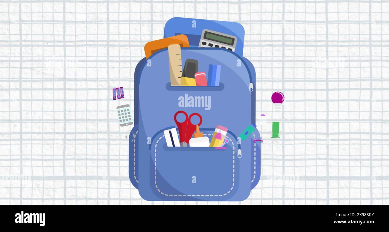 Image of school bag icon against copy space on white lined paper ...