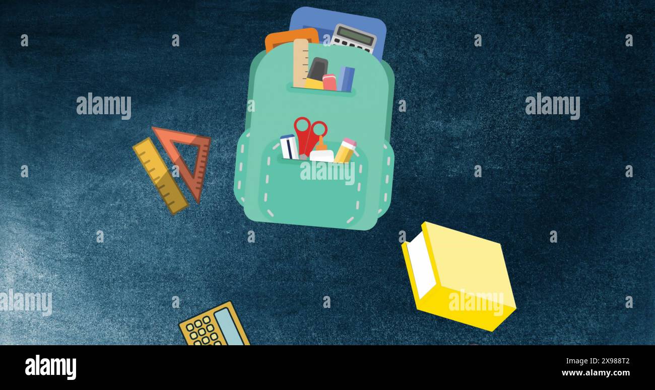 Image of school concept icons falling from school bag and copy space on ...