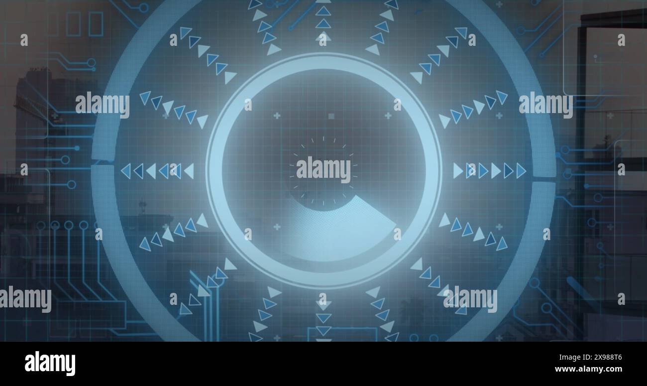 Image of round scanner and microprocessor connections against aerial ...