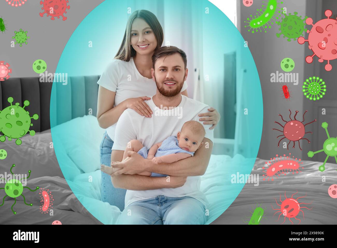 Happy family with strong immunity at home. Bubble around them blocking ...