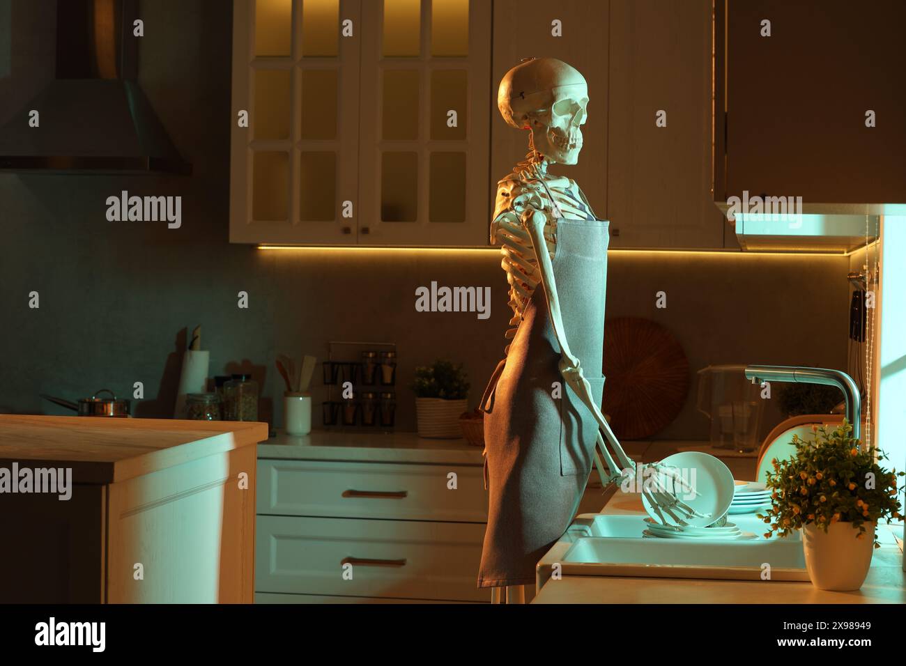 Human skeleton washing dishes in kitchen sink at night Stock Photo - Alamy