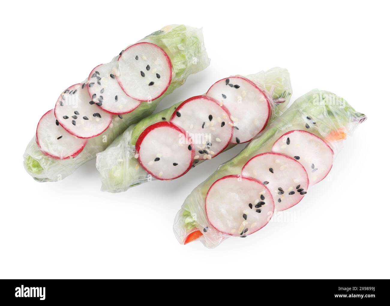 Delicious spring rolls wrapped in rice paper isolated on white, top ...