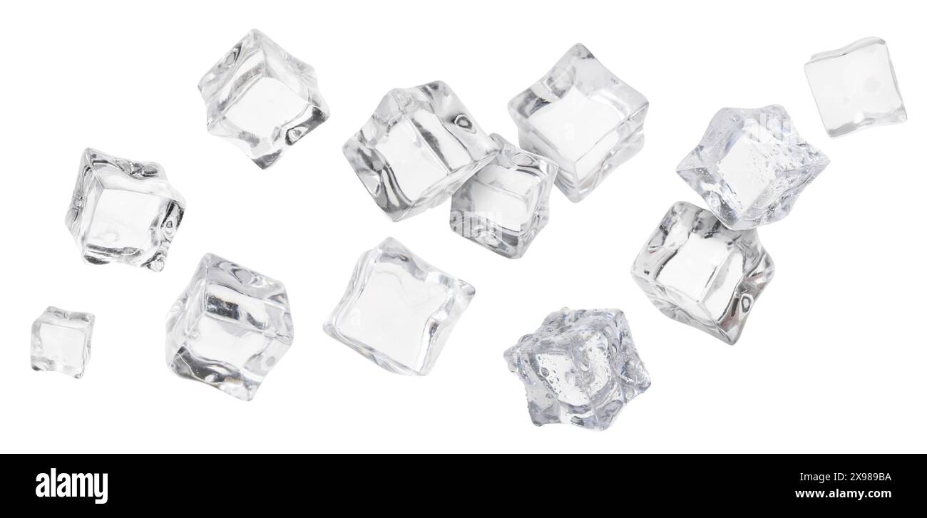 Many ice cubes in air on white background Stock Photo - Alamy