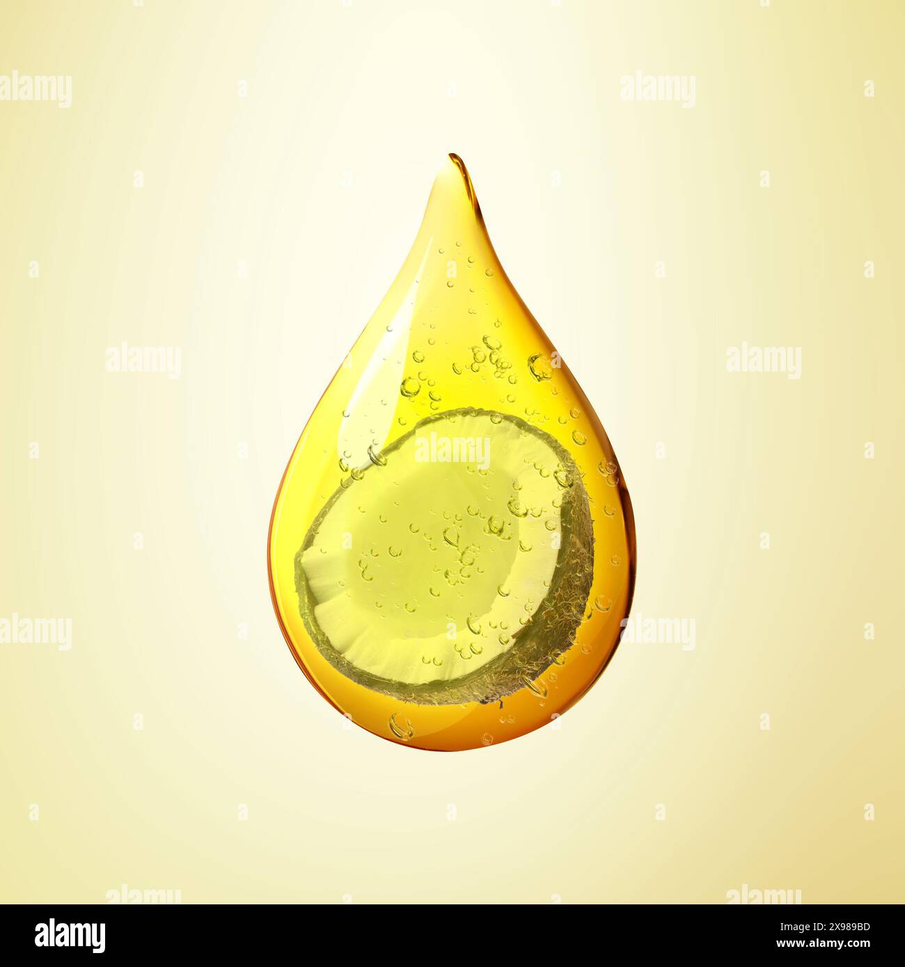 Cooking oil drop with coconut inside on light yellow background Stock ...