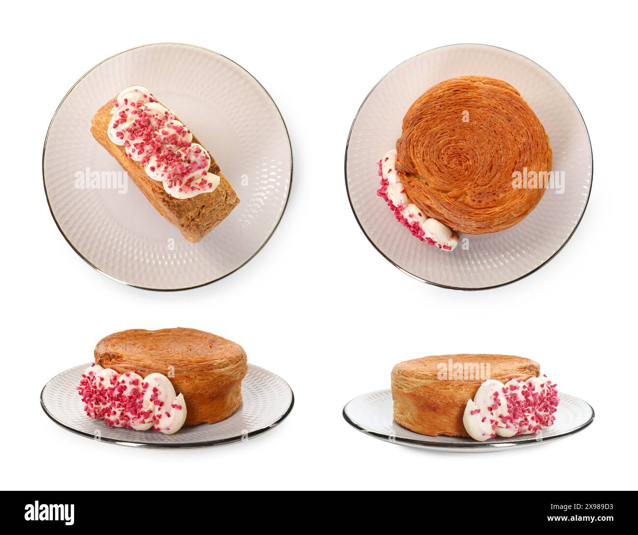 Collection of round croissant isolated on white, top and side views ...
