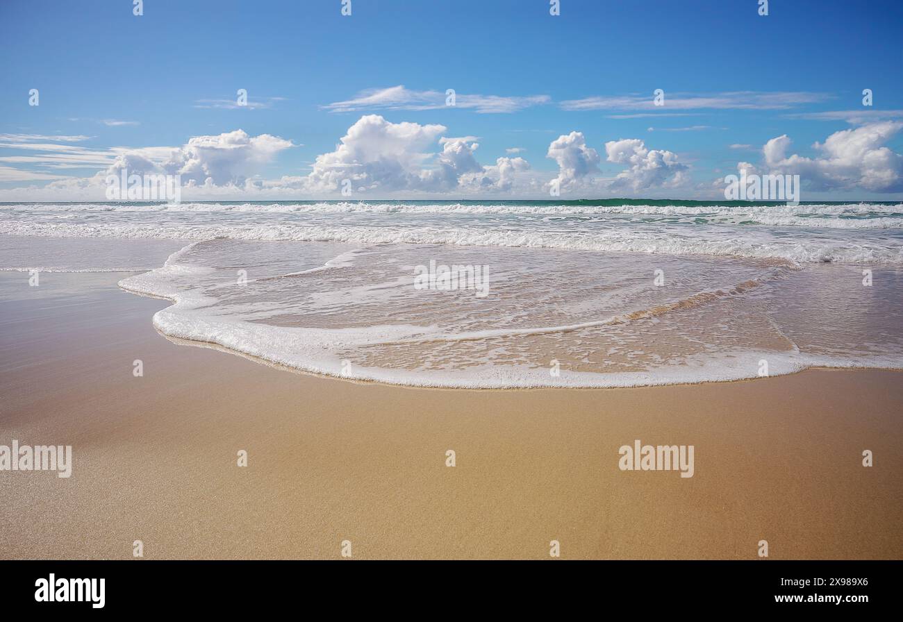 Tide coming in as waves break and roll onto seashore making foamy white ...