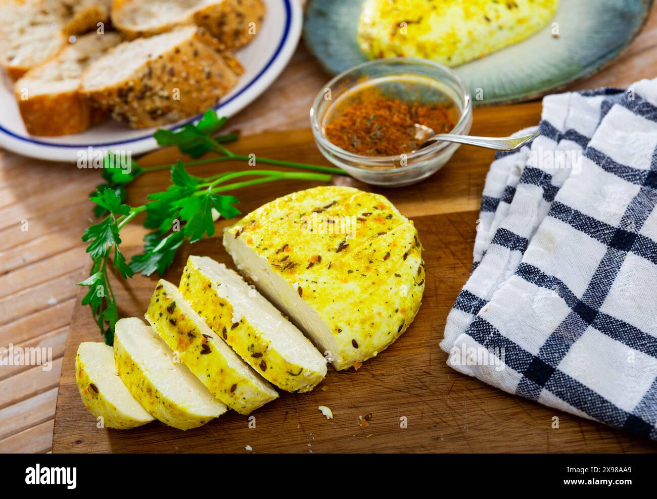 Delicious fried cottage cheese for breakfast. Bread and greens included ...
