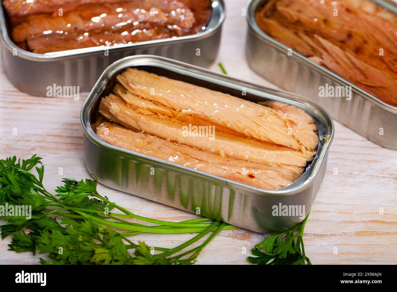 Canned seafood, melva fish fillets preserved in oi Stock Photo - Alamy