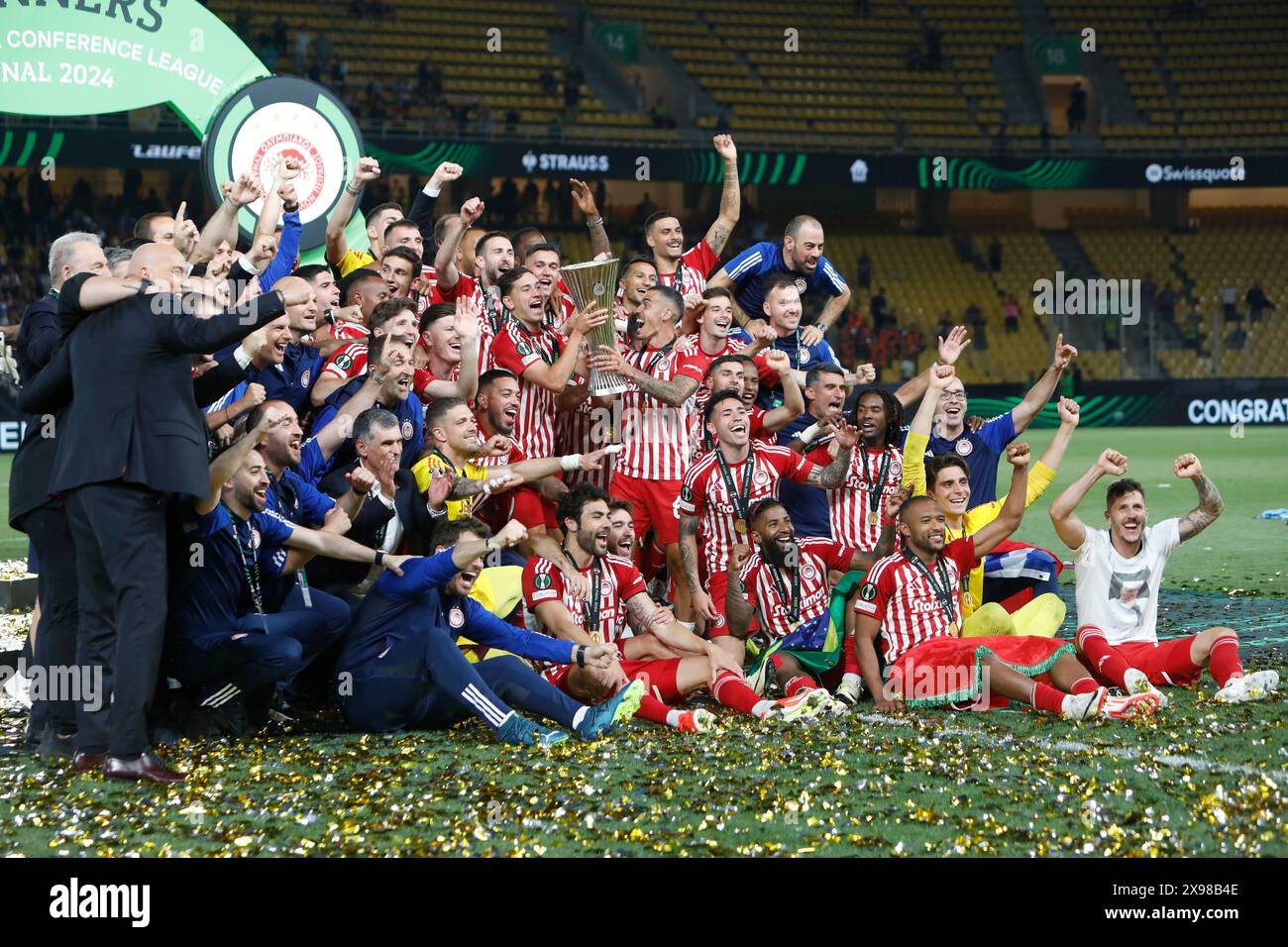 Athens, Thursday. 30th May, 2024. Players of Olympiacos celebrate with ...